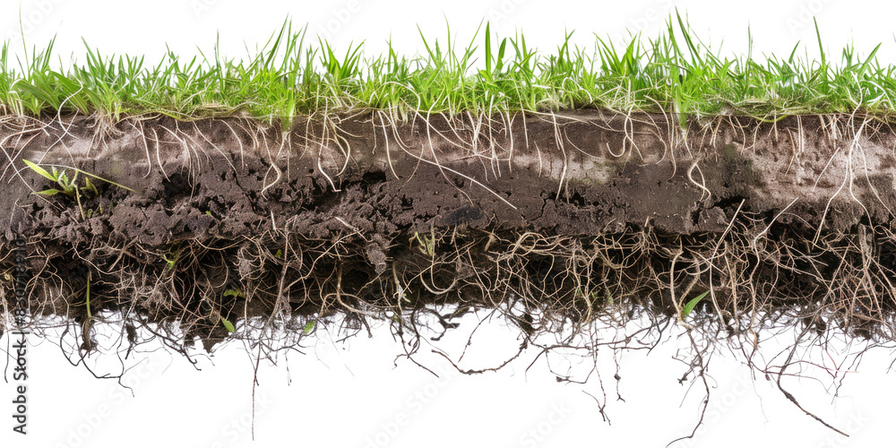Cross-section of green grass turf with visible soil and roots. The ...