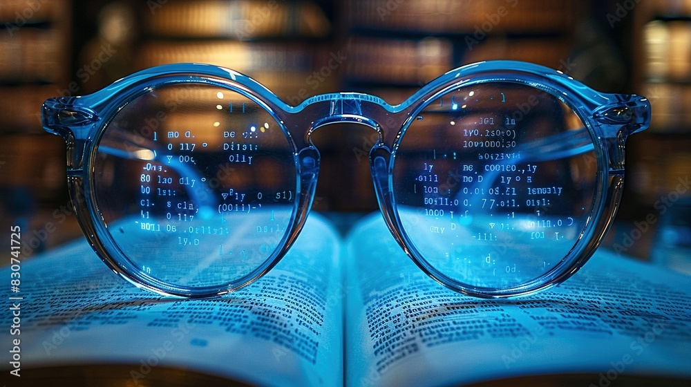 Eyeglasses placed on open book with computer code reflected closeup image. Technology and ...