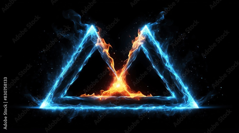 abstract triangle of blue glowing light particles with fire flame on ...