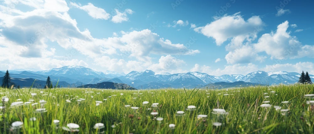 Shallow depth of field, panoramic meadow, green grass field, blue sky ...