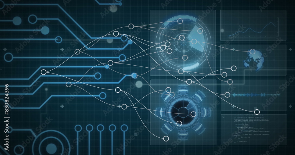 Image of connected circles over radar, globe, graph and circuit board pattern in background ...