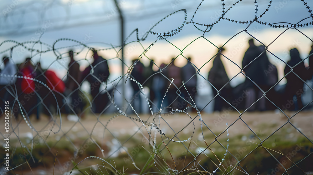 Barbed wire in refugee camp. Migrants behind chain link fence in camp ...