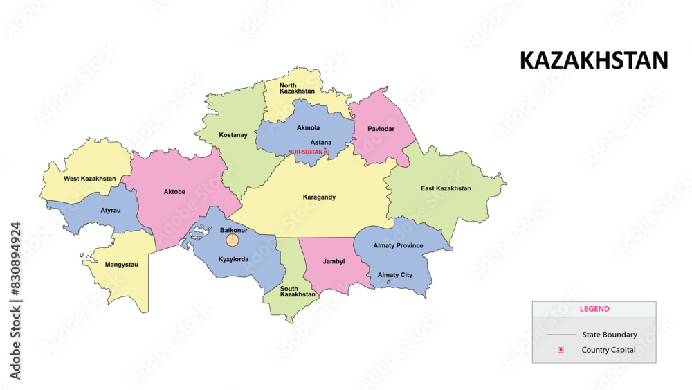 Kazakhstan Map. State and union territories of Kazakhstan. Detailed ...