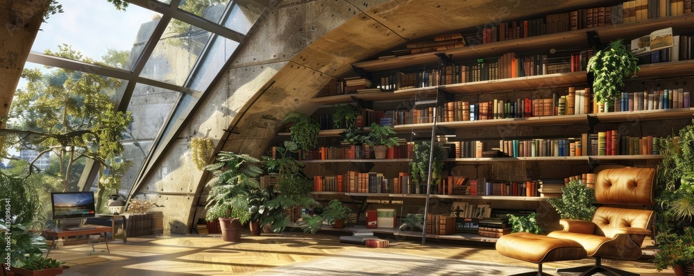 Cozy modern library with a large bookshelf, indoor plants, and sunlight ...