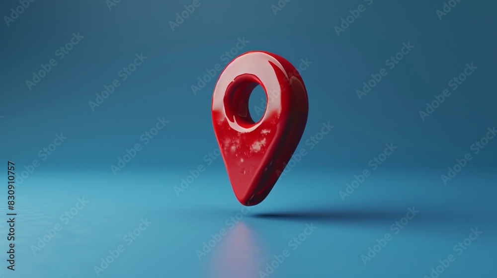 3D A glossy red location pin icon floating on a blue background. Modern ...