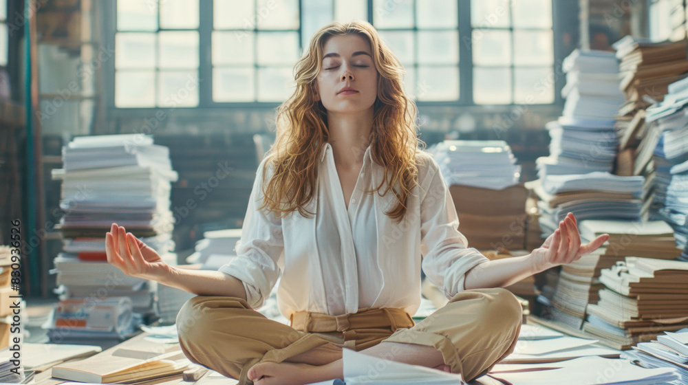 A woman relaxes in zen pose in an office with stacks of paperwork ...
