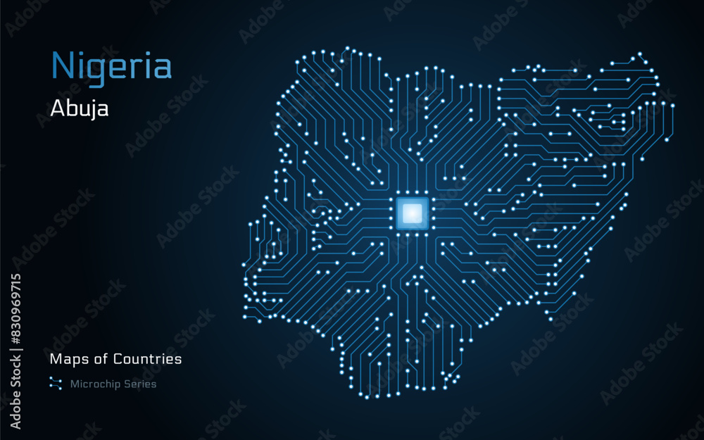 Nigeria Map with a capital of Abuja Shown in a Microchip Pattern with ...