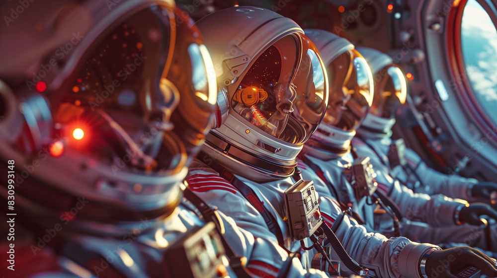 Astronauts in a space capsule, ready for a daring journey beyond Earth ...