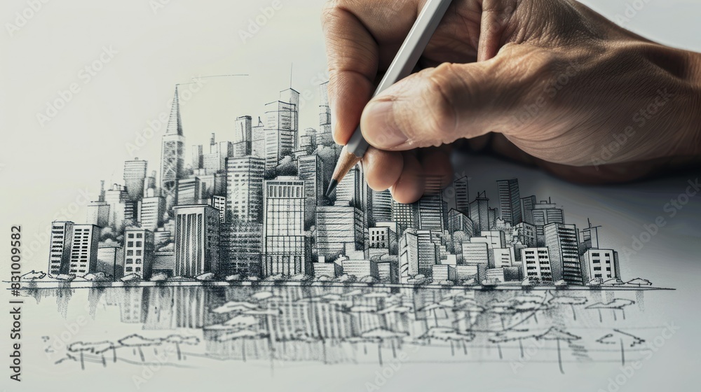 Hand sketched modern cityscape that fuses the reality of the present ...