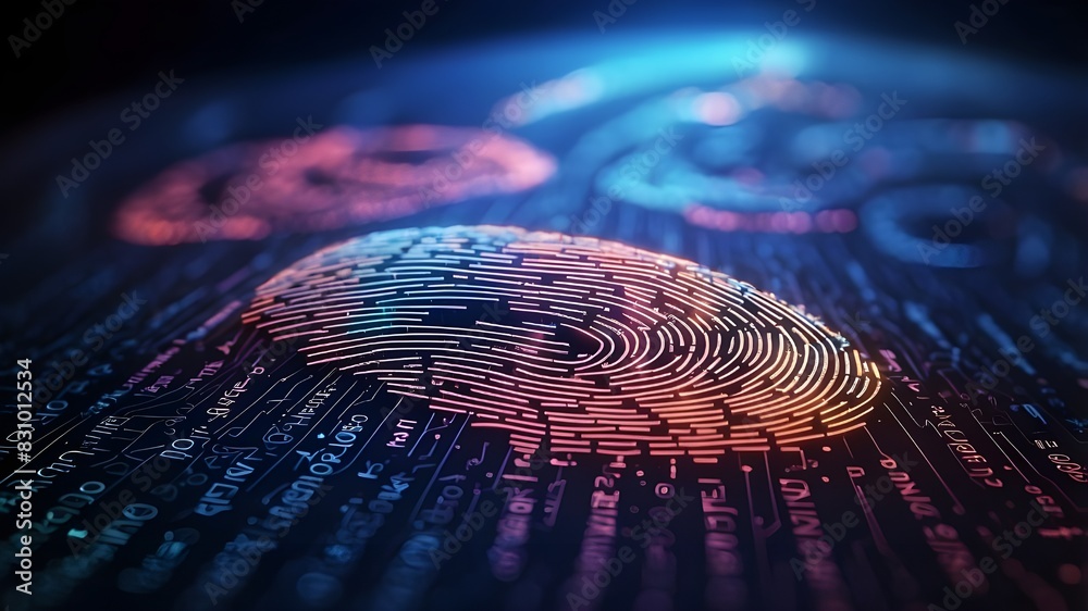 A digital fingerprint on a binary code background displayed as a visual ...