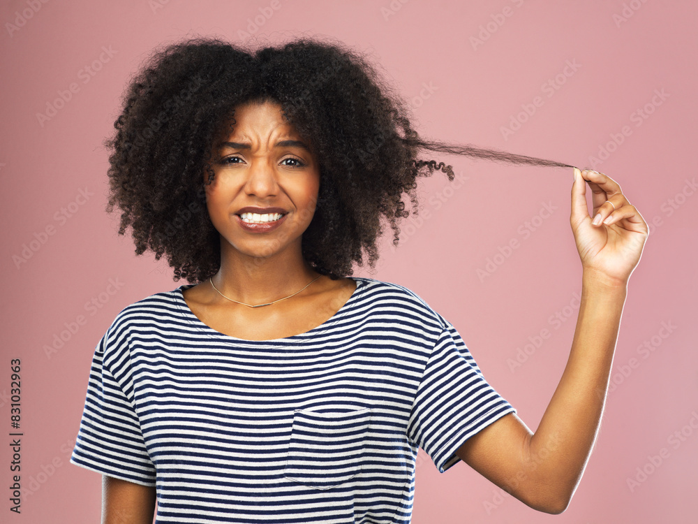 Confused, portrait and woman pull hair with doubt, uncertain or anxiety ...