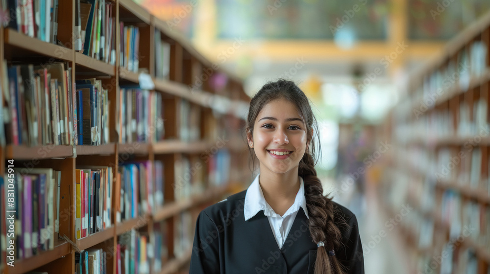 indian female student standing at school library Stock Photo | Adobe Stock