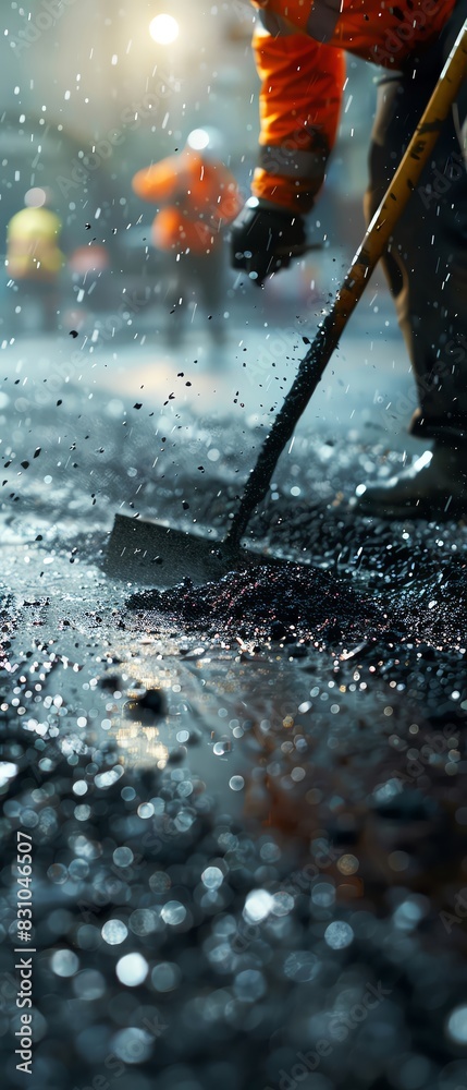 Road construction worker shoveling asphalt in the rain, highlighting ...