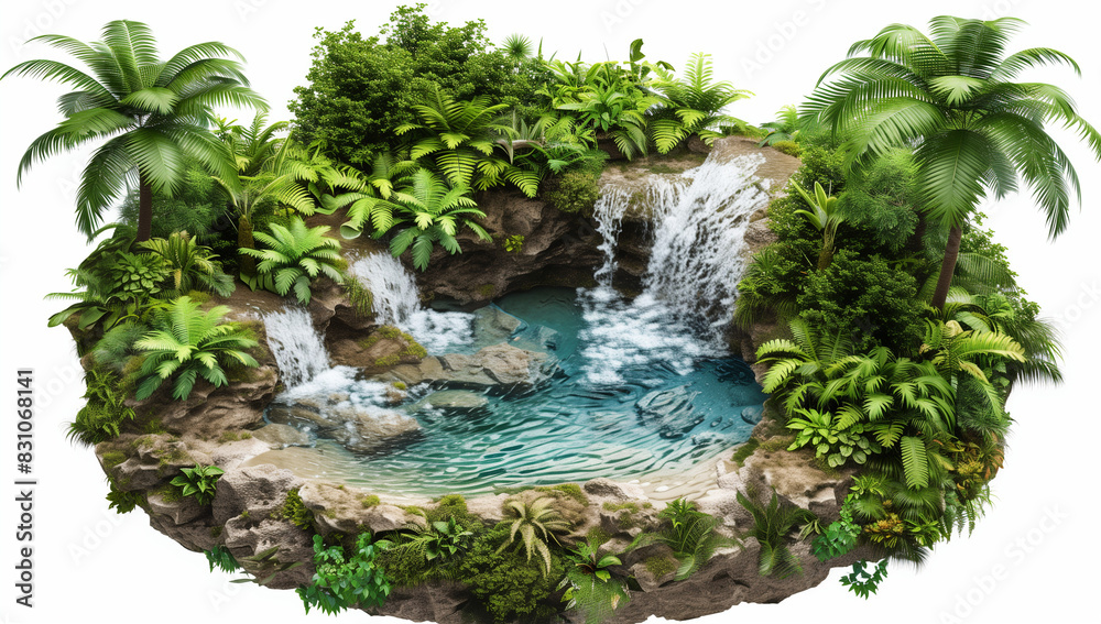 Isometric view of tropical rainforest with waterfalls and pond, white ...