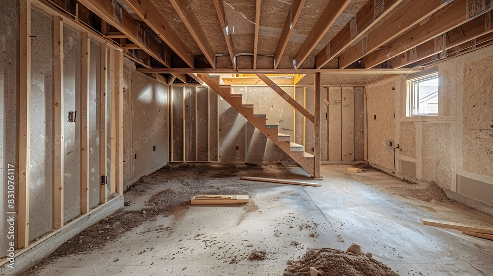 A photo of an unfinished basement with wooden frame walls and staircase ...