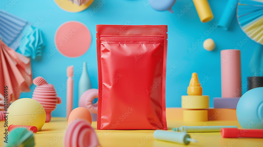 Bright Red Pouch on Colorful Abstract Background with Geometric Shapes ...