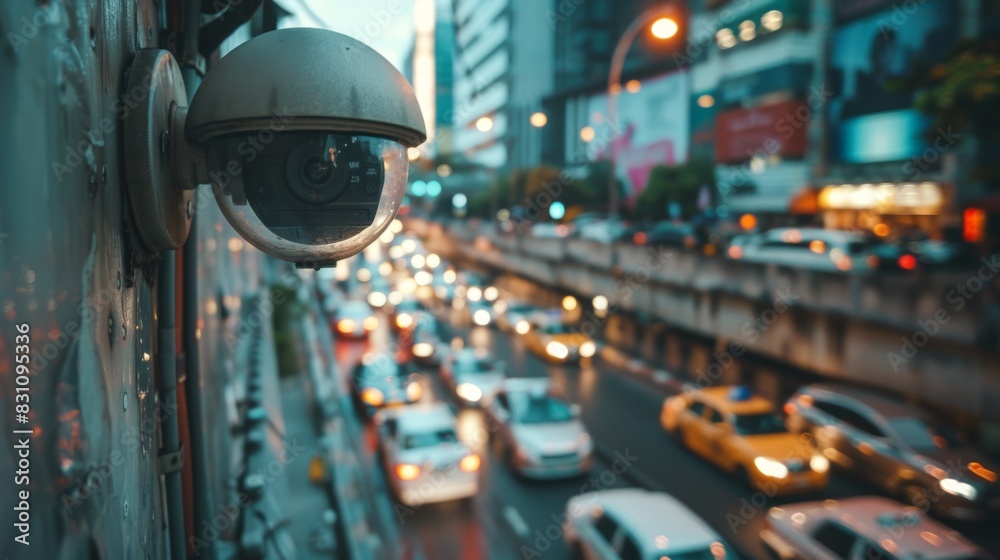 CCTV camera mounted on a wall, overlooking a busy city street, capturing the hustle and bustle ...
