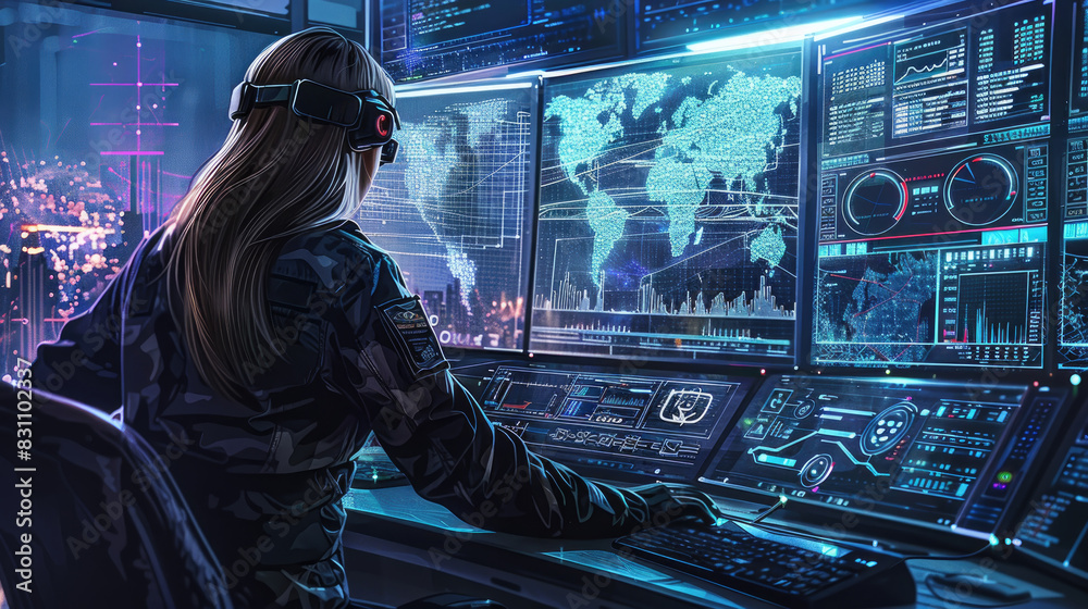 A military officer operates and monitors global data and digital maps ...