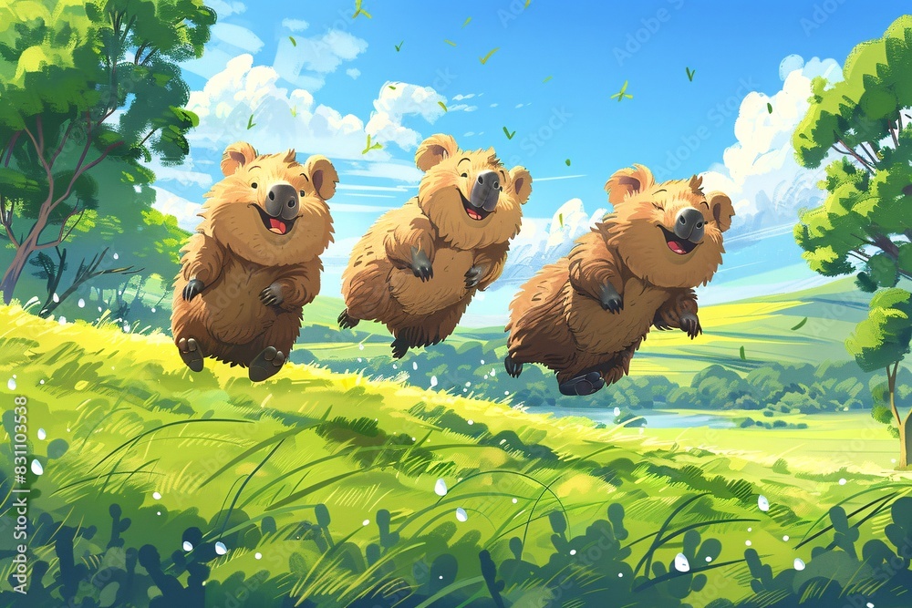 A charming cartoon depiction of wombats enjoying a playful game of ...