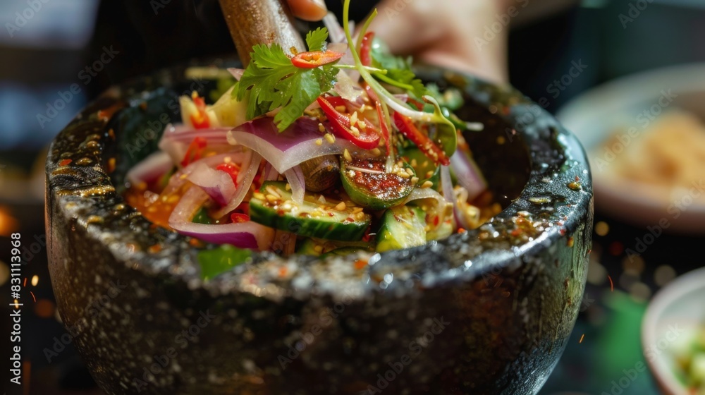 Close-up of som tam salad being pounded in a mortar and pestle ...