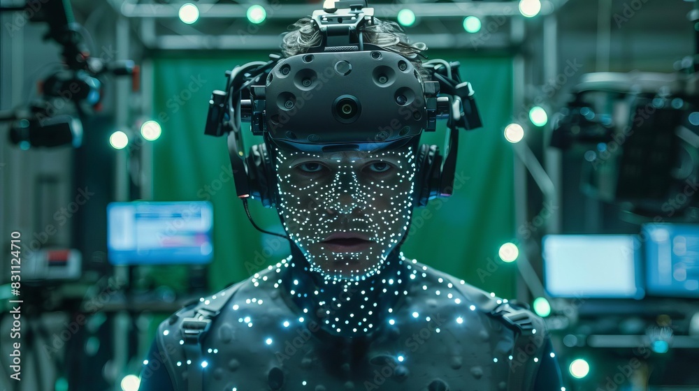 An artist in a motion capture suit performing a complex character scene ...