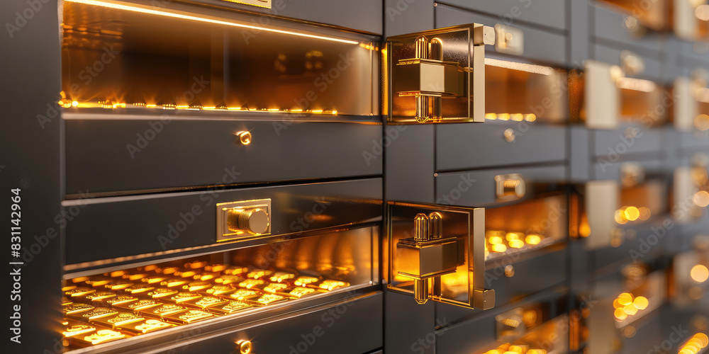 Open bank safe deposit lockers with golden ingots rows inside. Stock ...