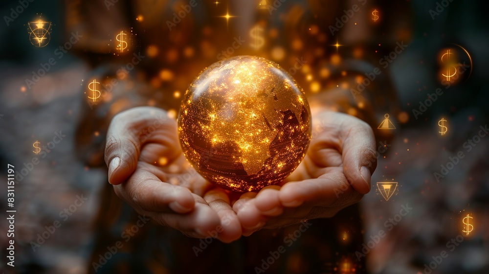 A pair of hands cupping a glowing golden sphere, with subtle currency ...