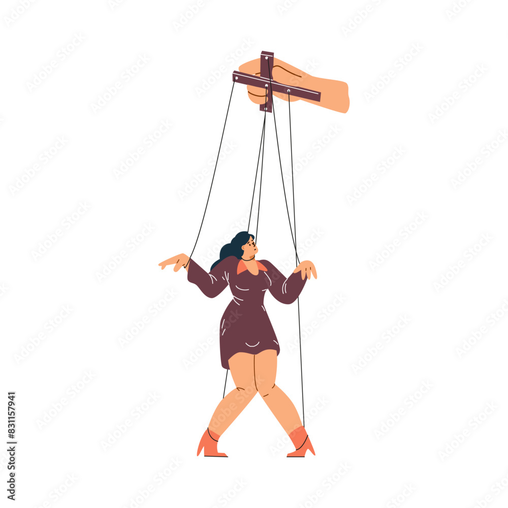 Obedient puppet woman controlled by hand, vector cartoon marionette ...