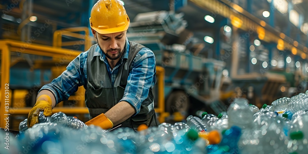 Employee shoveling plastic bottles at a recycling facility. Concept ...