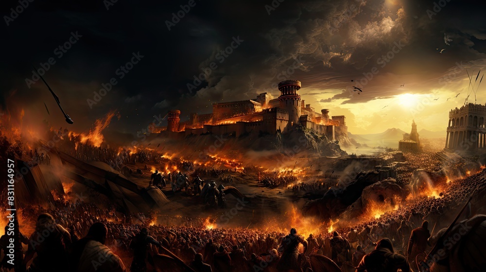 The image portrays a dramatic siege of a fantasy city with armies ...