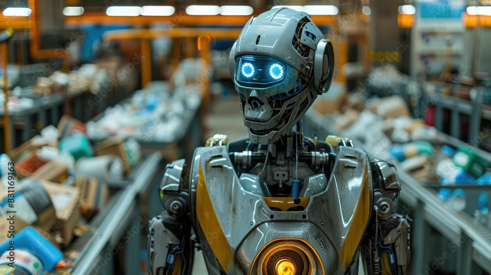 Robotic garbage collector at a recycling facility, front view, sorting ...