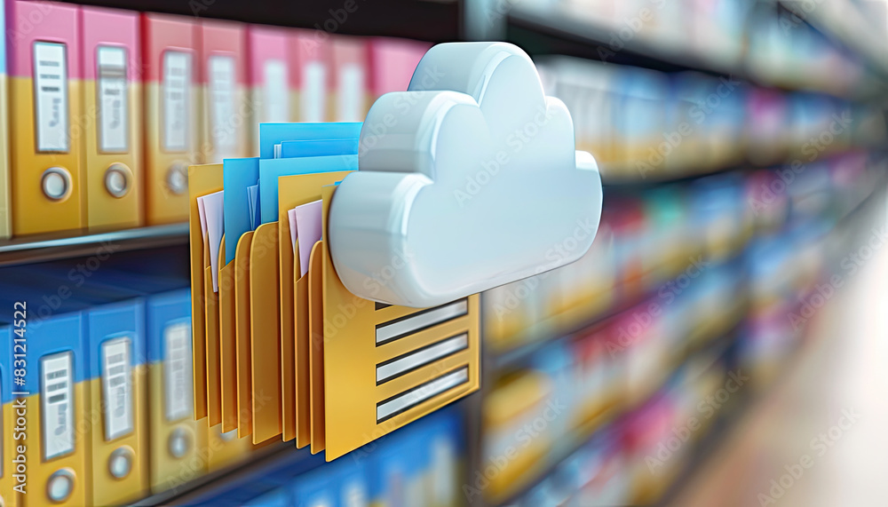 A cloud of files is floating above a row of shelves filled with binders ...