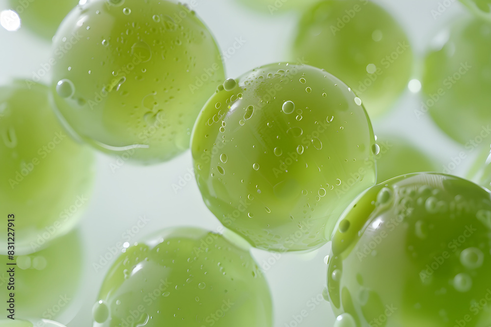 green spheres touching eachother and deforming, various and shades of ...