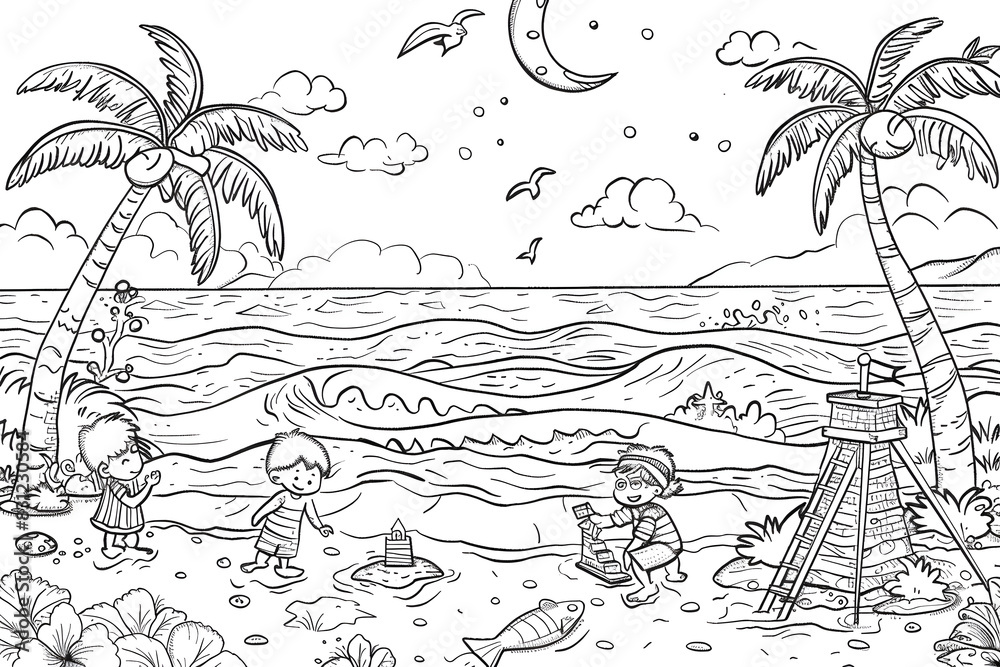 Coloring cartoon page of a lively beach scene with children, sport ...