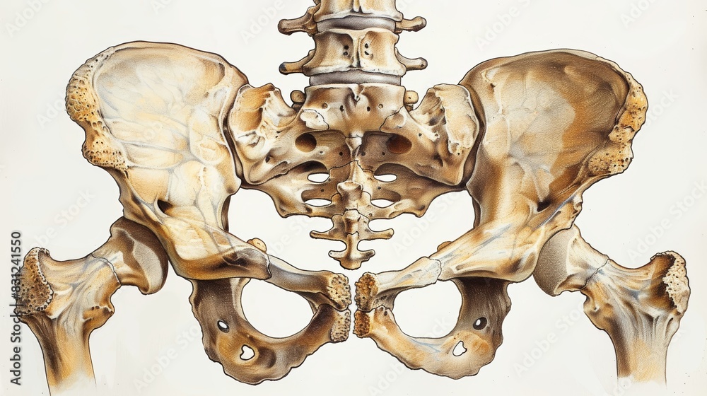Detailed image of human pelvic bones and lower spine. Anatomical ...