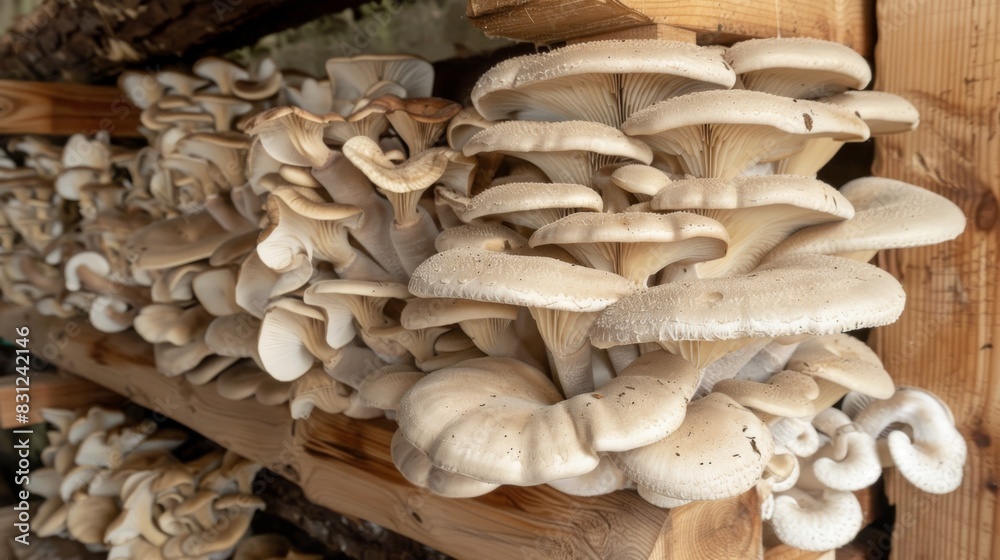 Oyster mushrooms growing on stacked wooden logs, highlighting natural ...