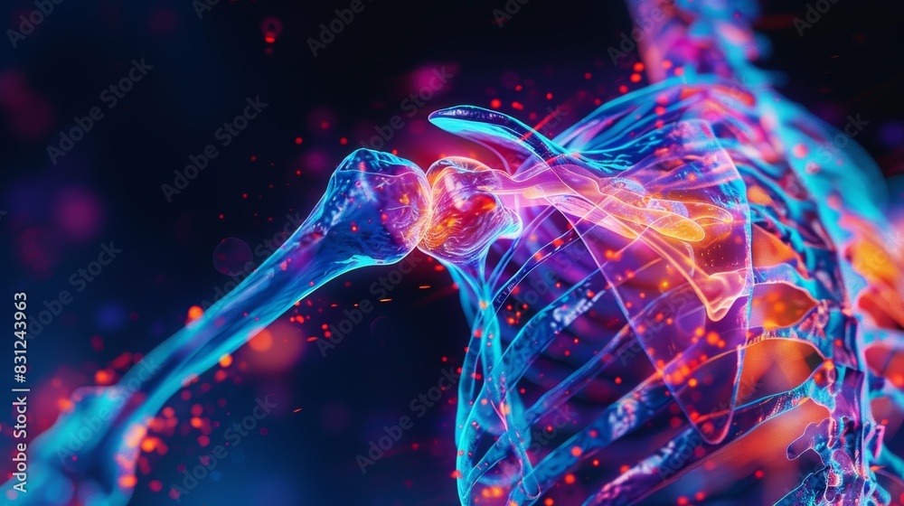 Futuristic 3D illustration of human shoulder joint with glowing tendons ...