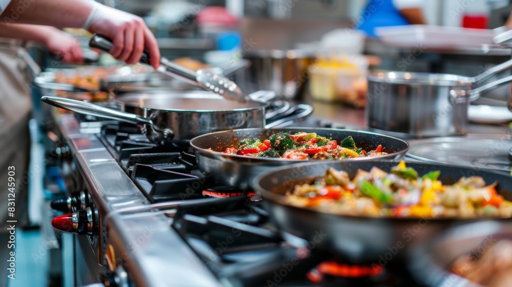 Professional kitchen with multiple pots and pans on the stovetop, busy ...
