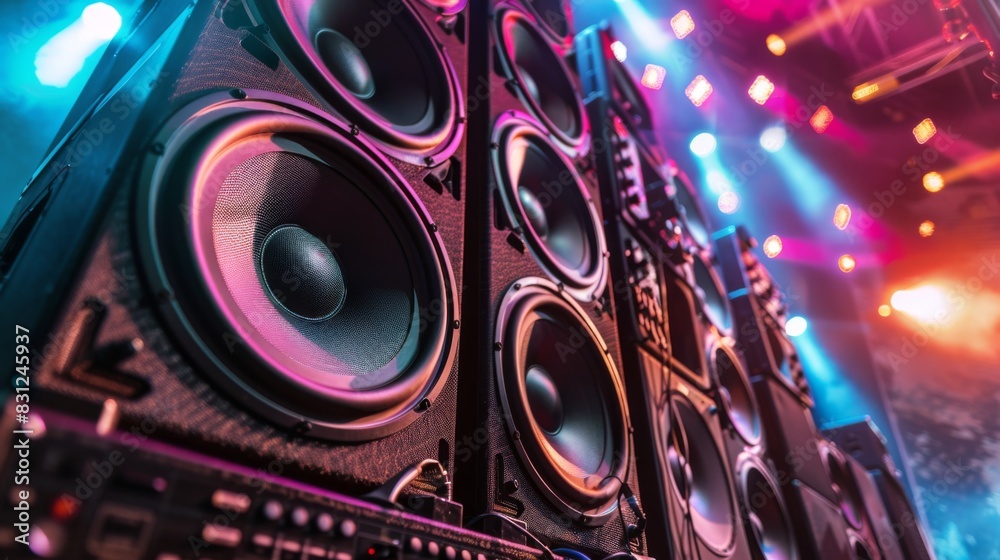 Powerful speaker setup at a concert, with vibrant lights and a cheering ...