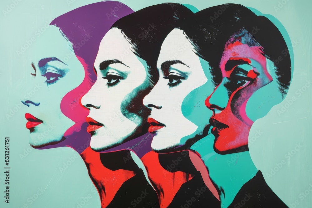 Multiple faces of a woman in vibrant cut and paste style artwork Stock ...