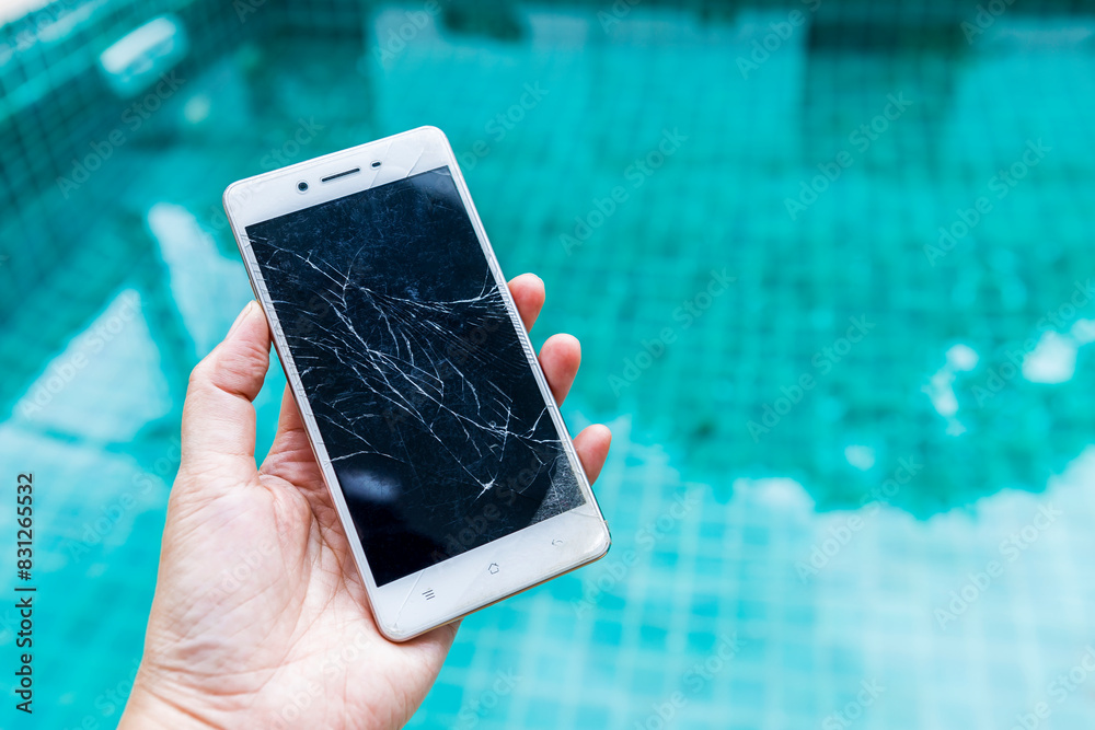 Old smartphone with broken screen in girl hand with space on swimming ...