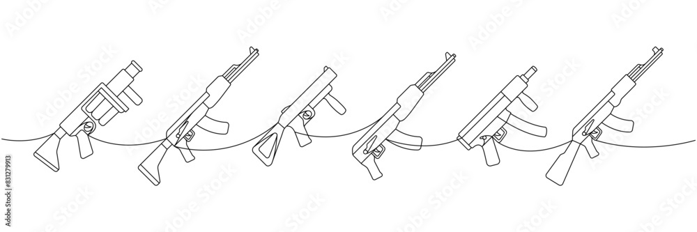 Military weapons one line continuous drawing. Grenade launcher, assault ...
