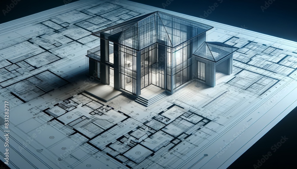 3D architectural model with blueprint. Modern house design concept ...