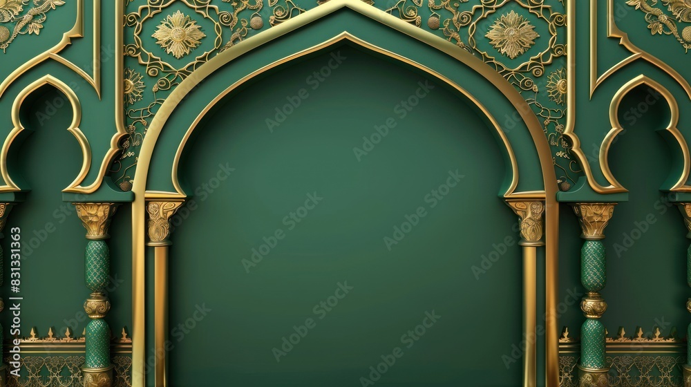 Glamorous 3D luxury green and gold Islamic background featuring ...