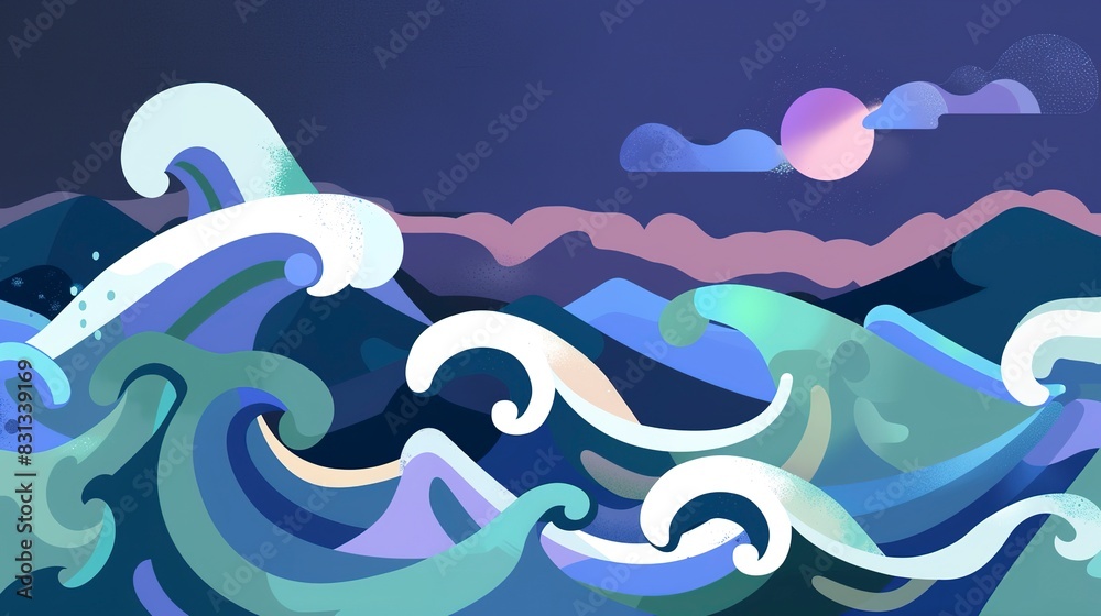 Transcendent ocean waves flat design front view mystical theme ...