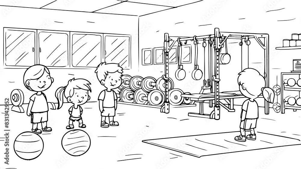 A simple coloring line drawing of a Gym with children depicting a ...