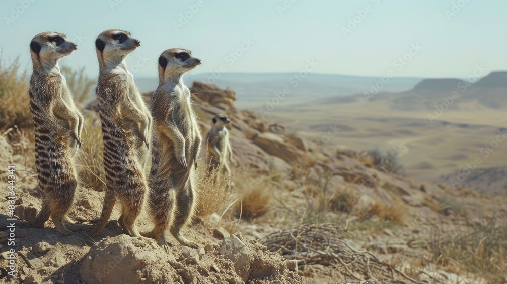 A group of meerkats standing upright, keeping watch over their burrow ...