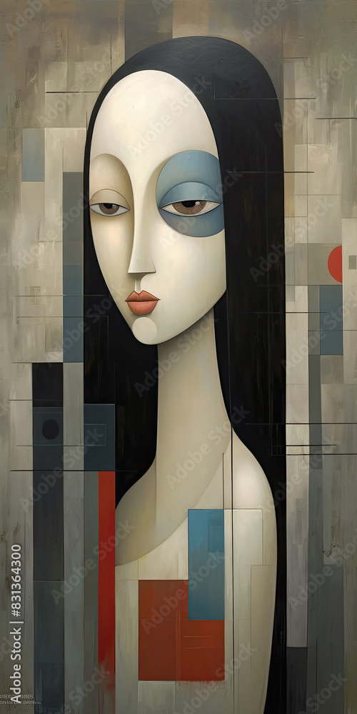 Abstract portrait of a woman with elongated features set against a ...