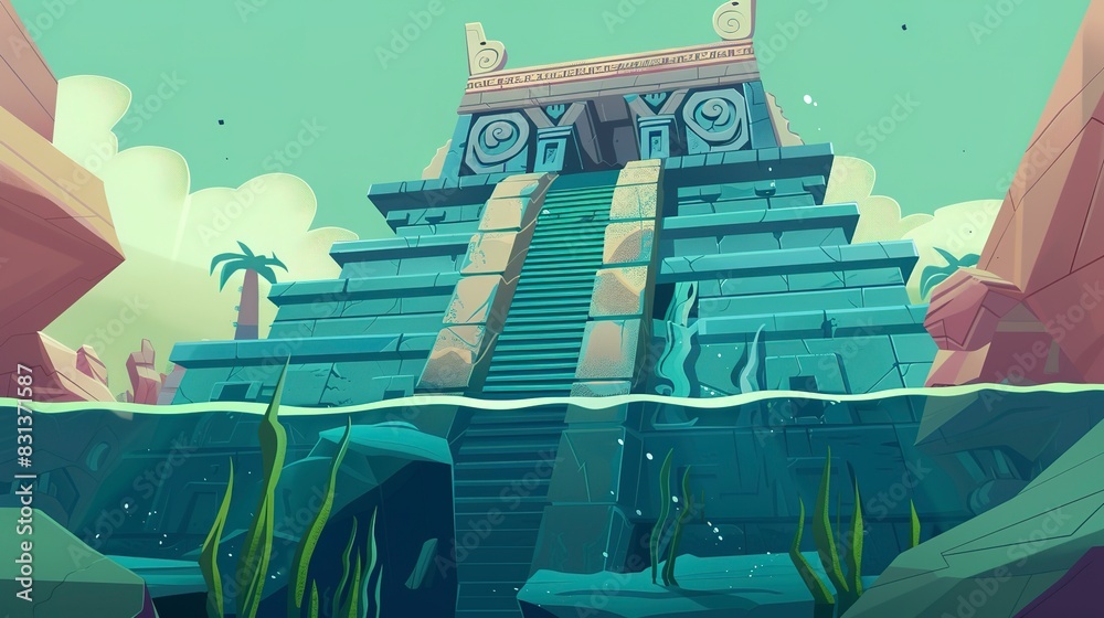 Submerged Aztec temple flat design front view, lost civilizations, animation, analogous color ...