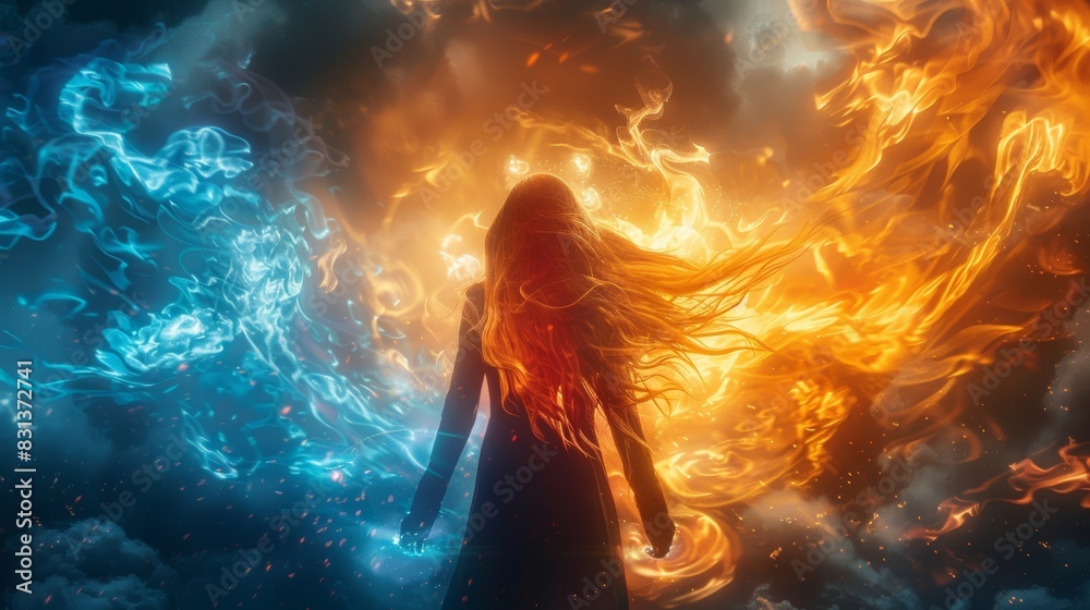 Rear view portrait of a woman superhero with flowing hair, wielding ...